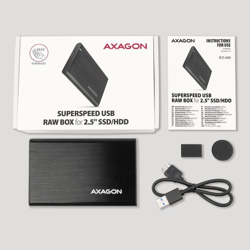 AXAGON EE25-A6M, USB 3.2Gen 1 - SATA 6G 2.5" metal RAW box, screwless ...