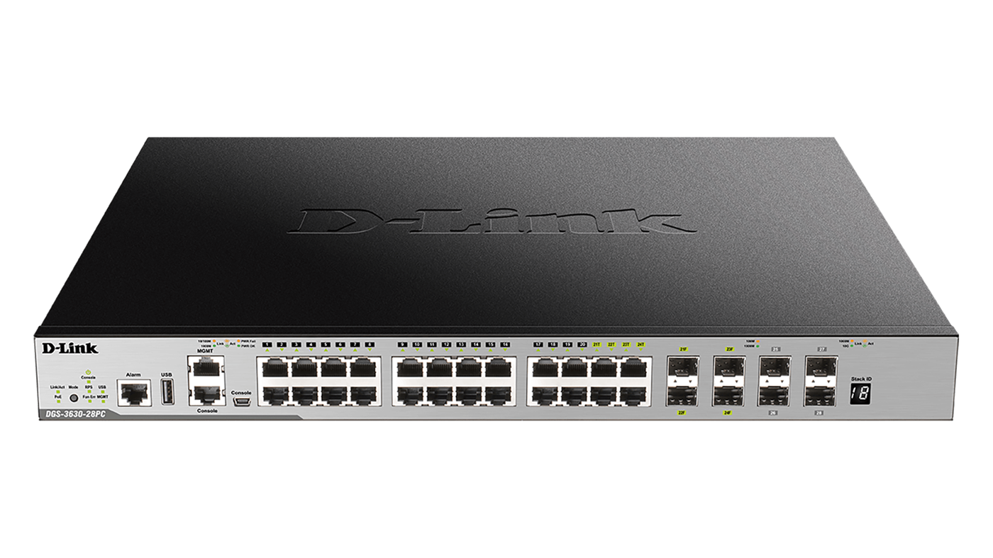 D-Link DGS-3630-28PC/SI 20-port GE PoE 370W Layer 3 Stackable Managed Gigabit Switch including 4 ...