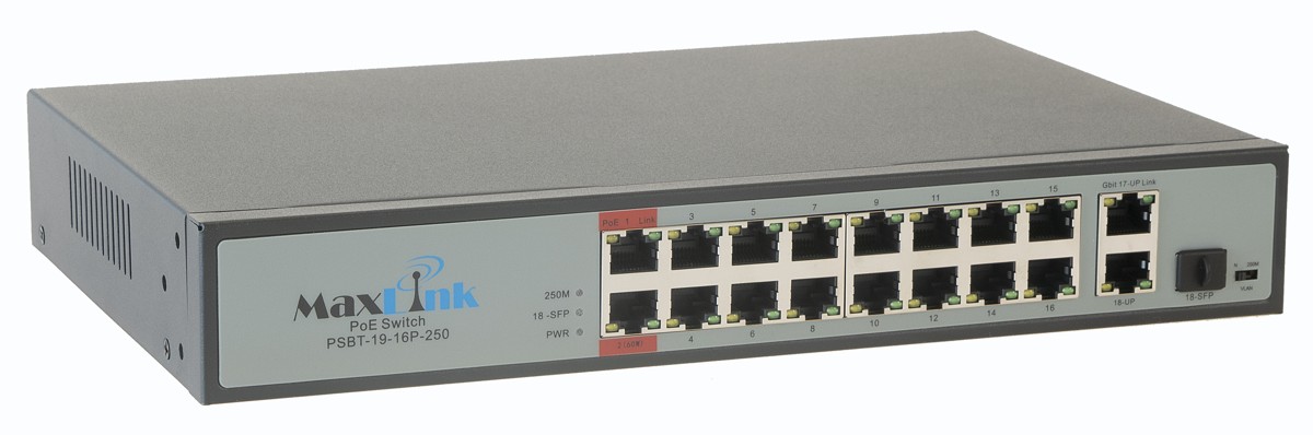 MaxLink PoE switch PSBT-19-16P-250, 18x LAN/16x PoE 250m, 1x SFP, 802 ...