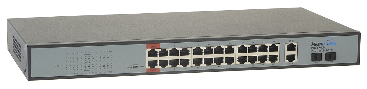 MaxLink PoE switch PSBT-28-24P-250, 26x LAN/24x PoE 250m, 2x SFP, 802 ...